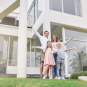 Happy, family and home investment real estate of people that celebrate ...
