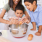 Baking, mother and children learning about cooking, food and lunch in ...