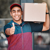 Thumbs up, courier man and delivery package from ecommerce online ...