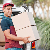 Delivery man, box and courier service with package, shipment or parcel ...
