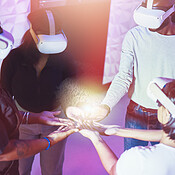 Hands, collaboration and virtual reality with a group in the metaverse ...