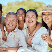 Big family, parents and children bonding together outdoor in a nature ...