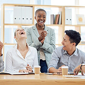 Business people, diversity and laughing in meeting at the office for ...