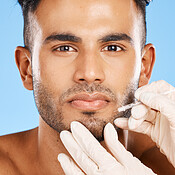 Man, botox and cosmetic facial care anti-aging wrinkles treatment ...