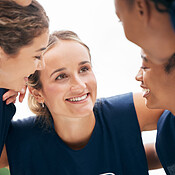 Diversity, girl team and game motivation, smile and conversation for ...