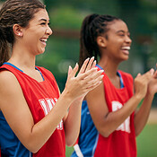 Celebrate, support and netball team clapping hands during training for ...
