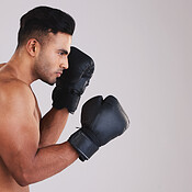Training, young man and boxer with boxing gloves for competition ...