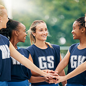 Netball team, hands and women sports motivation of athlete group ...