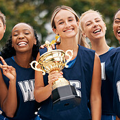 Netball, trophy and winner women team portrait with success, goal and ...