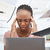 Stress, burnout and overworked employee with documents give her ...