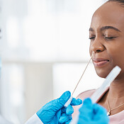 Covid doctor, pcr nose swab and black woman face check rapid antigen ...