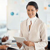 Business woman, tablet and leadership in management for meeting ...