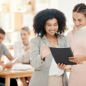 Interior design, teamwork and happy employees planning a creative brand ...