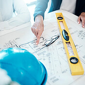 Architecture hands, blueprint design and strategy for construction ...