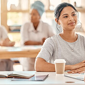 Teamwork, coffee meeting or startup people with collaboration ...