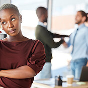 Annoyed, attitude and business woman in office, roll eyes at gender ...