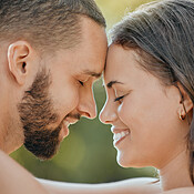 Couple, forehead and hug with smile for love, romance or embracing ...