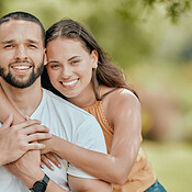 Couple, hug and love together in park, outdoor bonding portrait and ...
