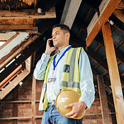 Engineering, phone call and man at a construction site working on an ...