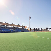 Empty sport field, outdoor grass and training stadium ground in summer ...