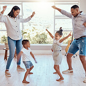 Family, dance and house for freedom and carefree fun bonding while ...