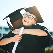 Hug, graduation and students success for achievement, happy and smile ...