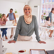 Islamic woman, company office and happy management leader for creative ...