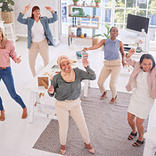 Business people, celebration and dancing in corporate success for ...