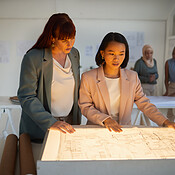 Business people, architect and floor plan in team strategy for ...