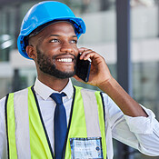 Engineer, phone call and communication while networking, contact and ...