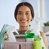 Cleaning supplies, happy portrait and woman, housekeeping, cleaning ...