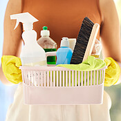 Cleaning, product and container with hands of woman for bacteria ...