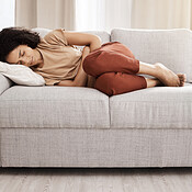 Black woman, stomach pain and digestion with constipation, problem and ...
