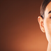 Skincare, half face portrait and woman with a wellness, health and ...