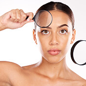 Magnifying glass, beauty and woman for facial skincare, makeup ...