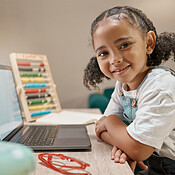 E learning, portrait and child with mockup laptop for covid distance ...