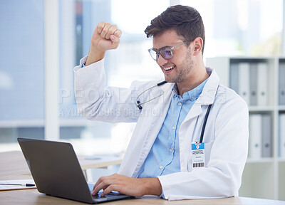 Health, doctor and yes with success and winner, medical achievement and ...