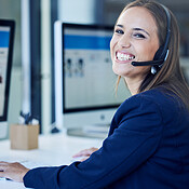 Call center, portrait and woman on computer screen for telemarketing ...