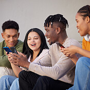 Smartphone, students and diversity with social media scroll, networking ...