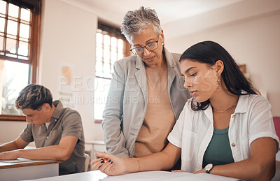 Education, classroom with teacher and student for learning, knowledge ...