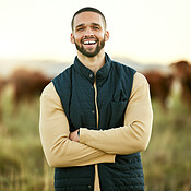 Smile, cow and agriculture with man on farm for sustainability ...