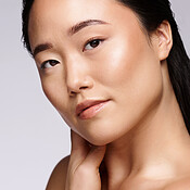 Asian woman, face or skincare glow on studio background in dermatology ...