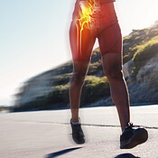 Motion blur, running and woman with bone anatomy on hips, legs and body ...