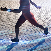 Woman, running or futuristic fitness tracking with smart watch ...