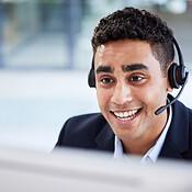 Businessman, computer or call center in telemarketing help company ...