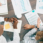 Collaboration, documents and financial with a business team working ...