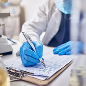 Research, clipboard and scientist writing, checklist and schedule form ...