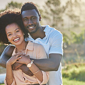 Couple, black people and hug in park portrait with smile, sunshine and ...
