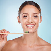 Brushing teeth, dental and woman with toothbrush for teeth whitening ...