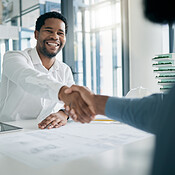 Black man, handshake and architecture with architect hiring, job ...